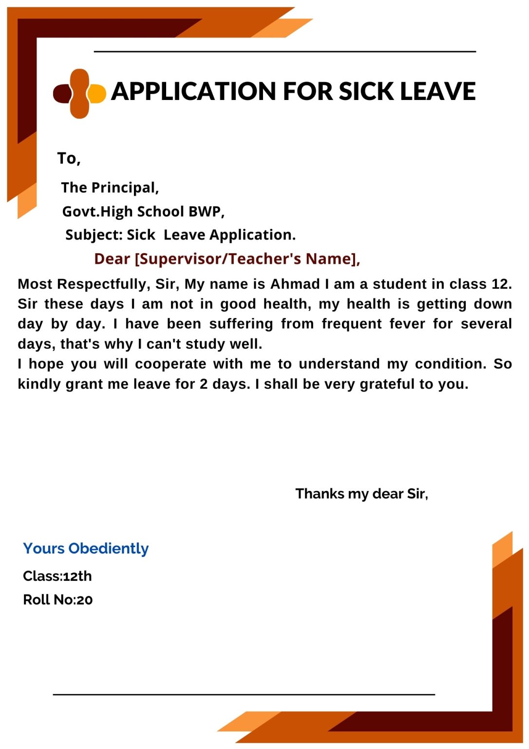 12+ Brilliant Sick Leave Application For School/ College And Office ...