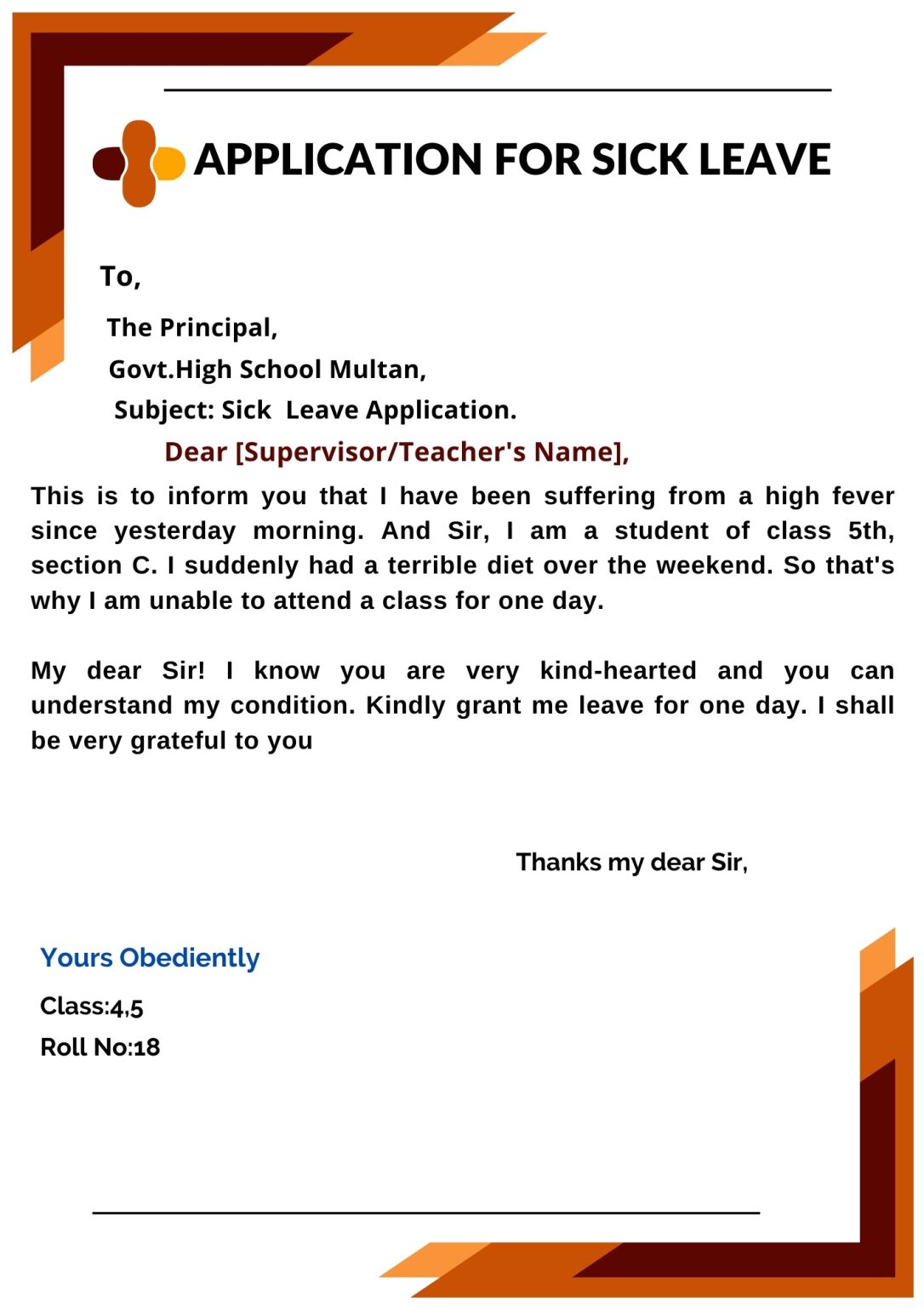 12+ Brilliant Sick Leave Application For School/ College And Office ...