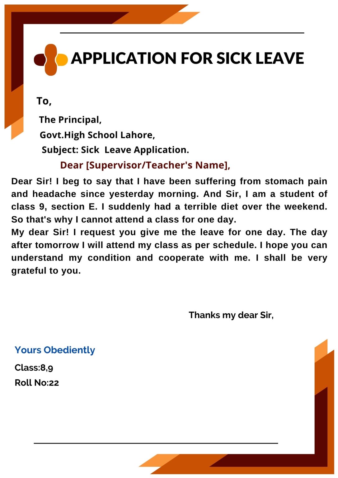12+ Brilliant Sick Leave Application For School/ College And Office ...
