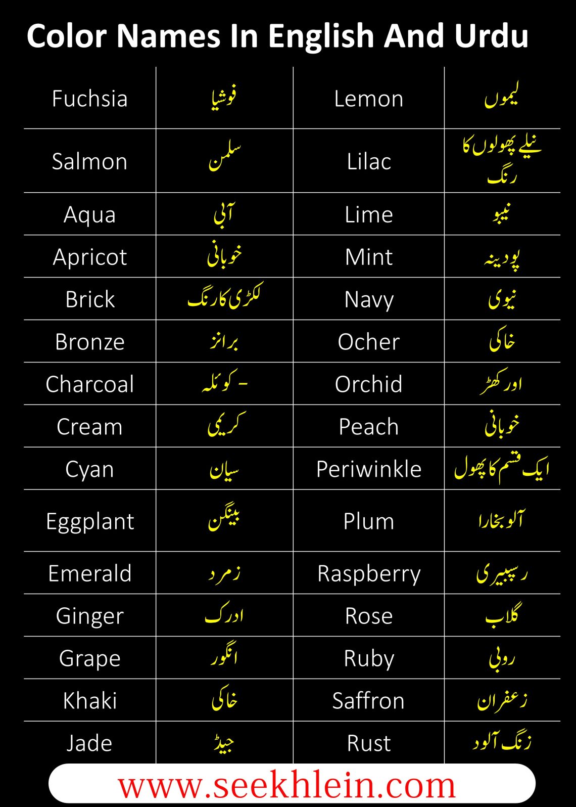 All Color Names In English Urdu And Hindi Translation - Seekhlein