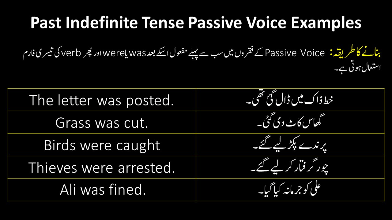 Past Indefinite Passive Voice Tense With Urdu To English Examples ...